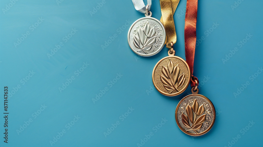 Gold, silver and bronze olympic medals on the blue background. Stock ...