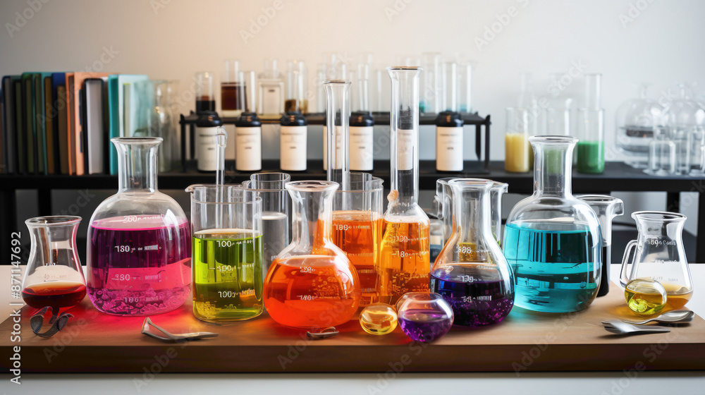 An overhead shot of a scientific experiment setup with beakers, test ...