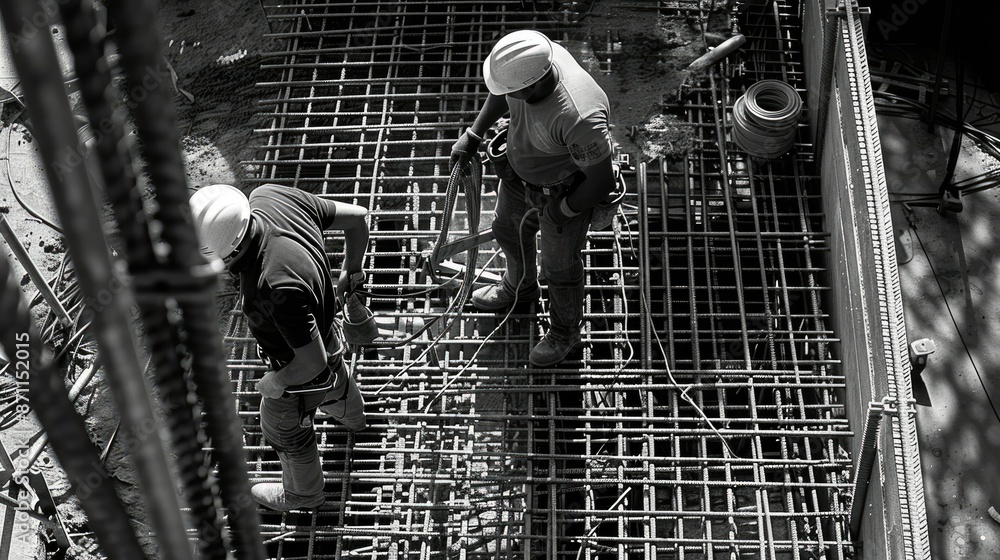 Workers building a circular scaffold structure, surrounded by trees ...