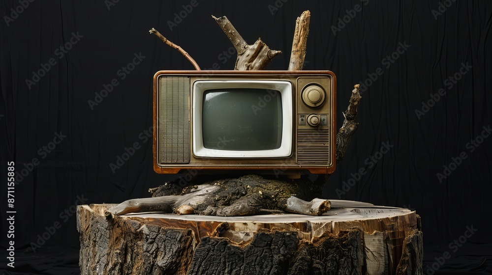 Front view of an antique black tree stump TV set against a dark studio ...