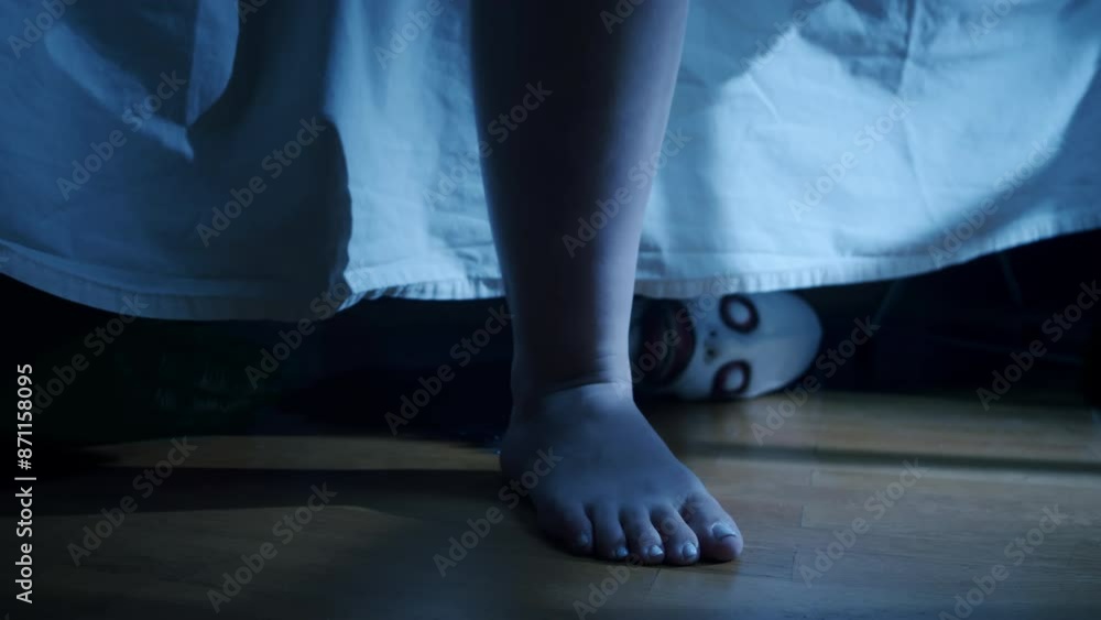 Scary monster face under bed want to grabbing teen girl by legs, close ...