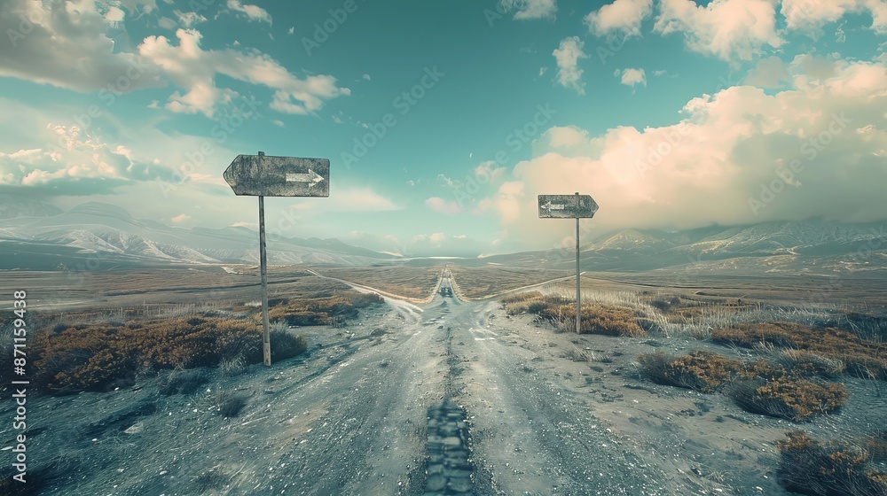 Unreal setting with a split road and arrows on the signposts indicating ...