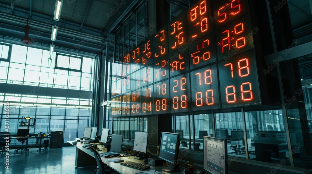 A dispatch office with a large digital clock displaying different time ...