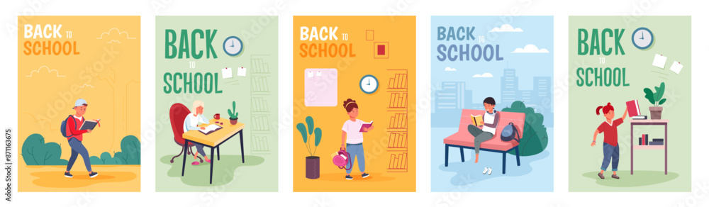 Students characters posters. Teenager student reading textbook at home ...
