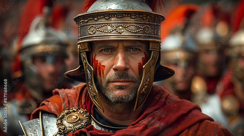 Representation of a Roman legionnaire soldier in his shining armor with ...