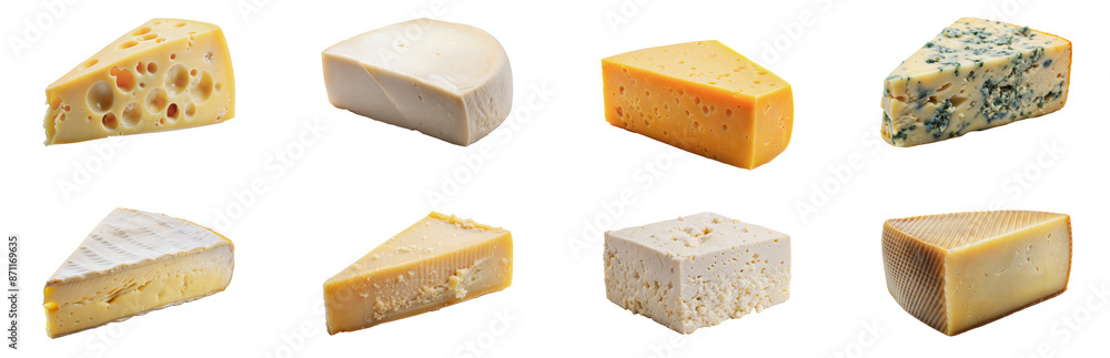 Collection of different cheese varieties including Swiss, Gouda ...