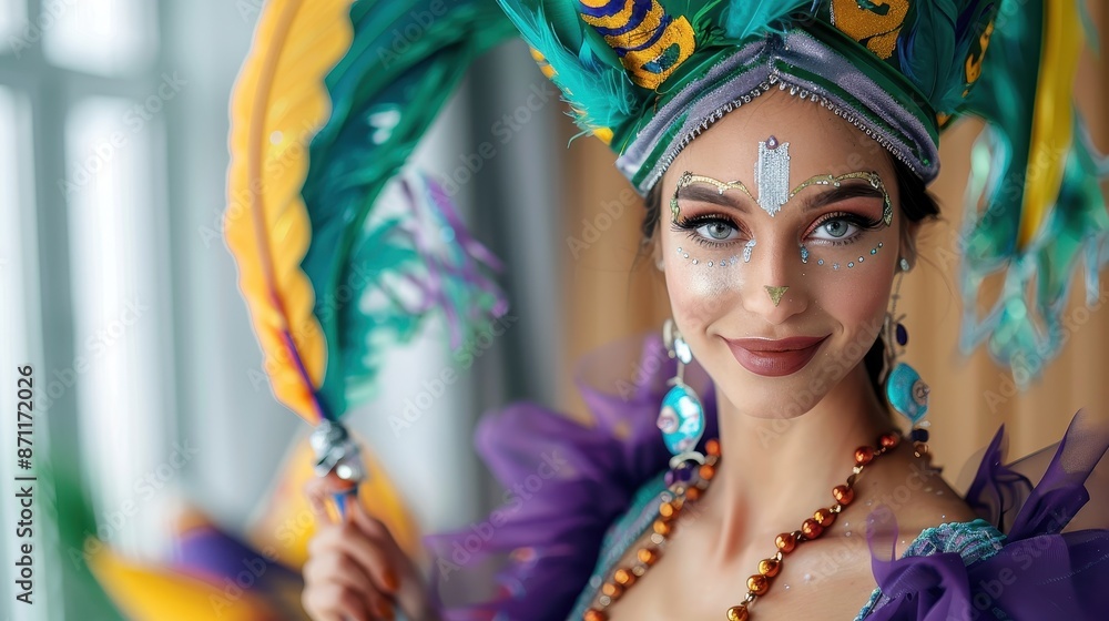 Festively dressed woman in colorful carnival attire, full of joy and ...