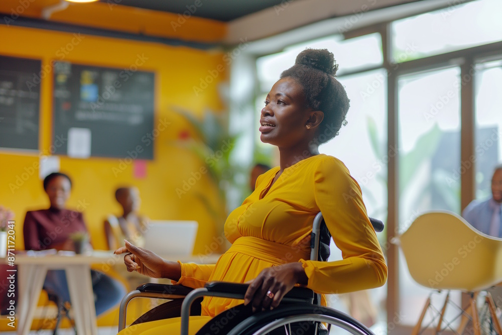 Foto de African American pregnant woman in wheelchair during a casual ...
