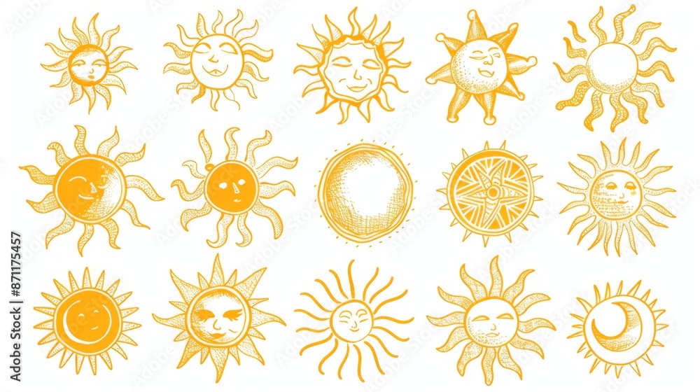 This image presents an array of detailed, artistic sun illustrations ...