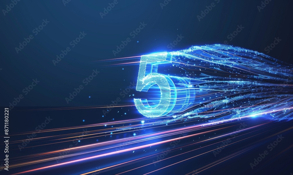 5G logo with speed lines on a blue background signifying fast wireless ...