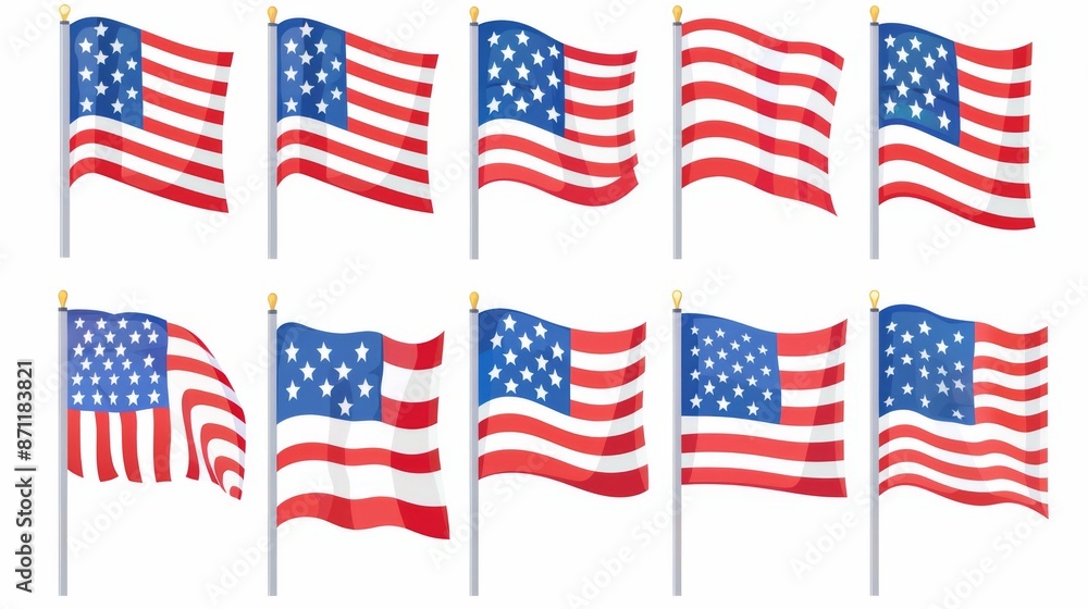 Collection of ten different United States flags depicted in various ...