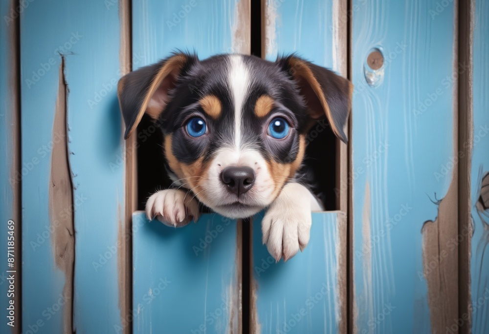 Puppy eyes looking to camera over grunge wooden background. Little dog ...