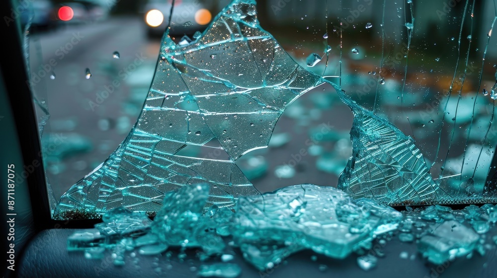 This image shows a close-up of a shattered car window with tiny ...