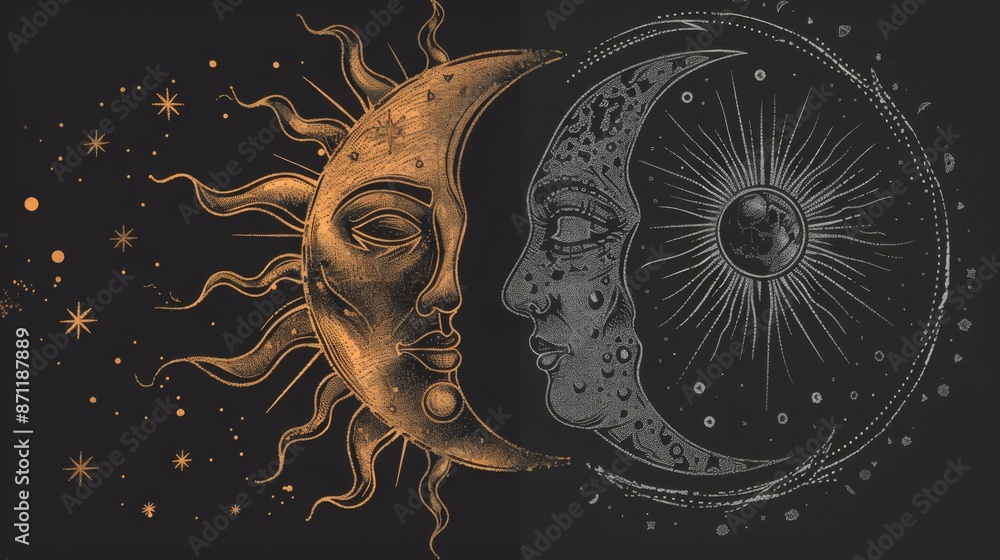 A symmetrical celestial illustration showing the sun and moon facing ...