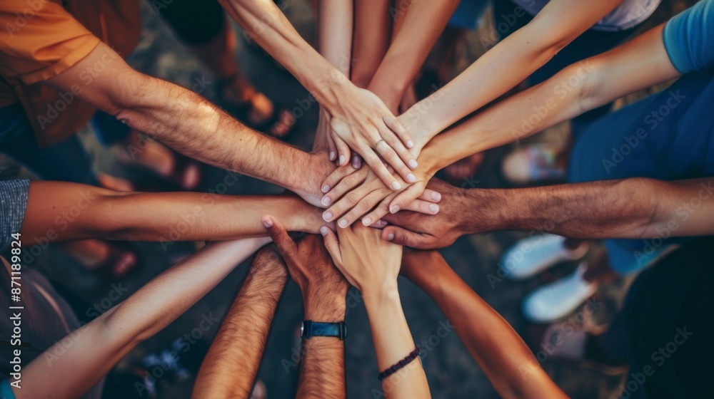 Diverse group of people joining hands together in a circle showing ...