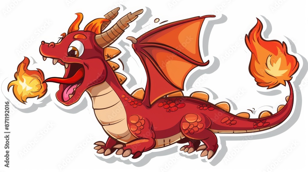 A dynamic cartoon-style illustration of a red dragon breathing fire ...