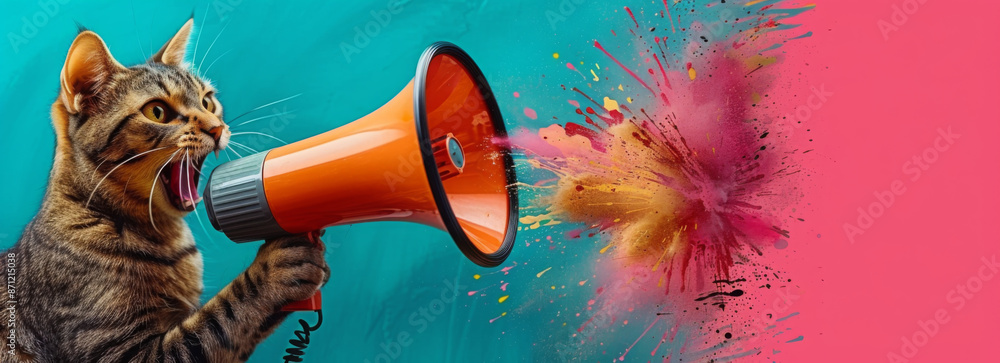 Colorful vintage comic-style illustration of a tabby cat yelling into a ...