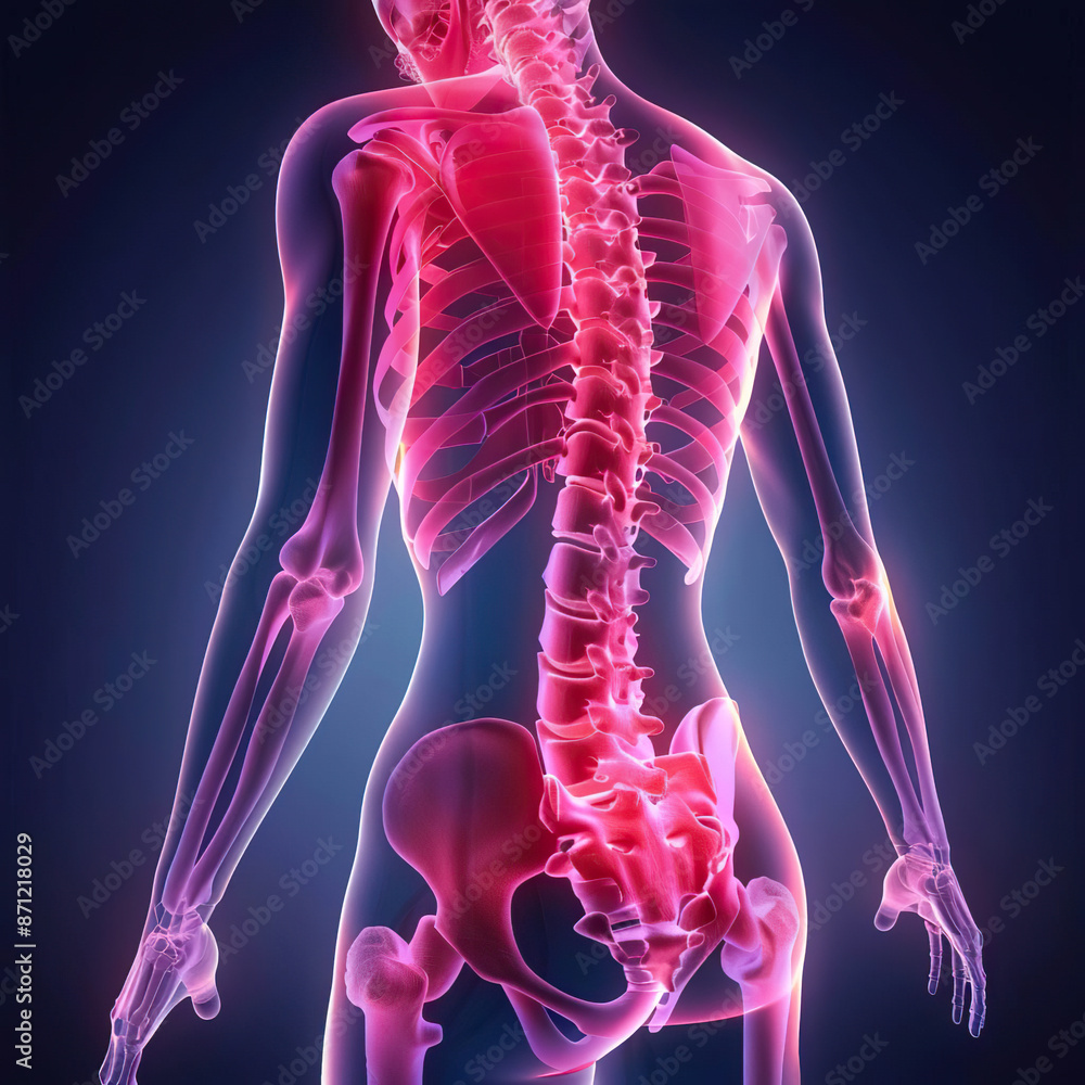3D medical illustration of the human skeleton showing back and shoulder ...