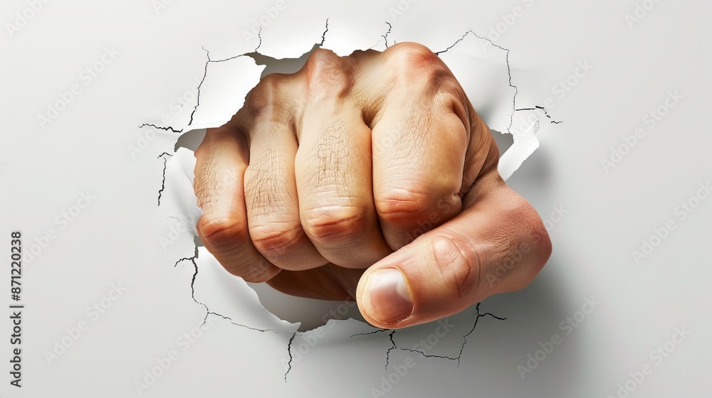 Powerful human fist breaks through a white wall in an energetic action ...
