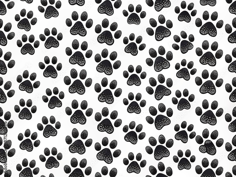 Whimsical seamless pattern of black doodle paw prints on white ...