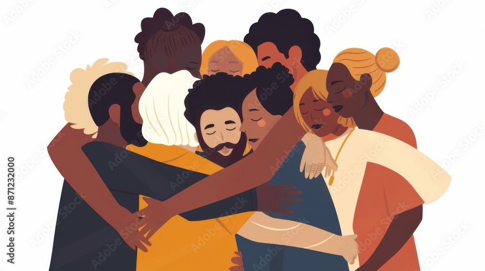 An illustration portraying a large diverse group of friends hugging ...