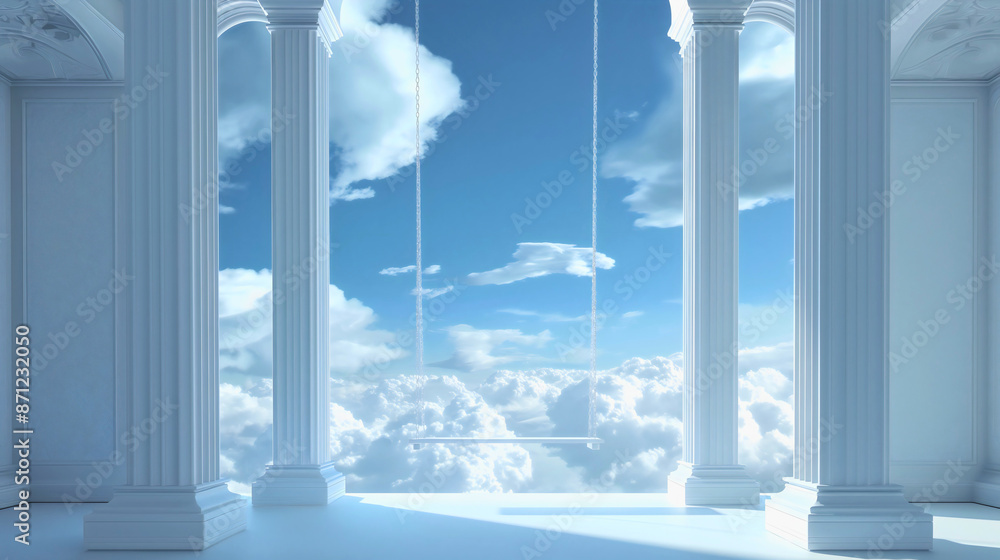 Swing hanging amongst white pillars in heavenly ethereal building ...