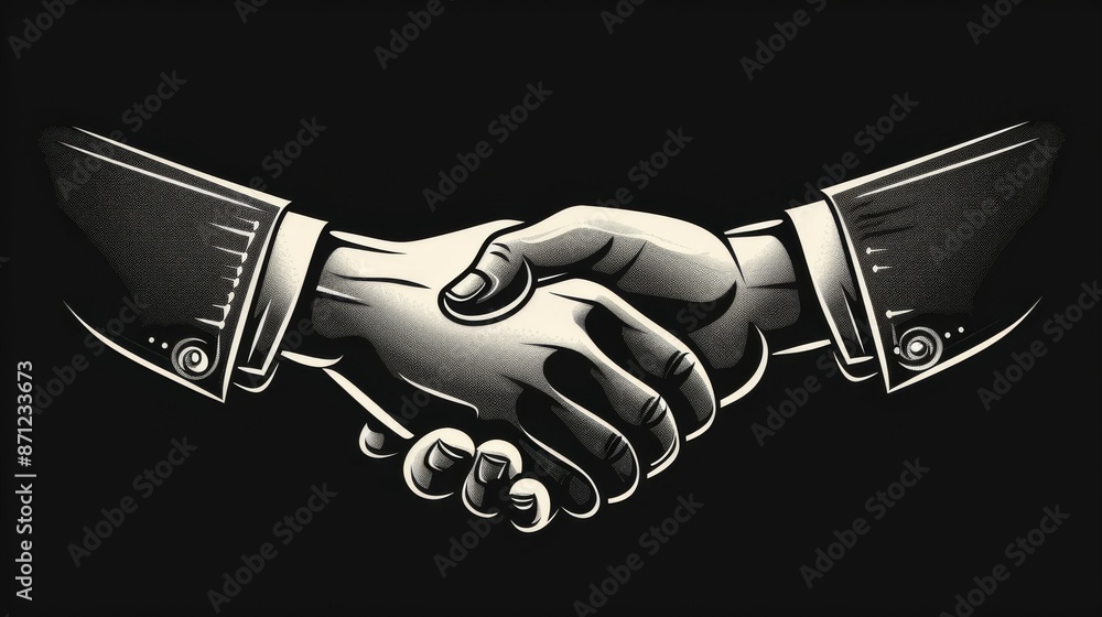 A monochrome drawing of two hands clasped together in a handshake ...