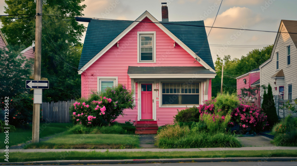 Outdoor outside exterior street view of pink neighborhood house or home ...