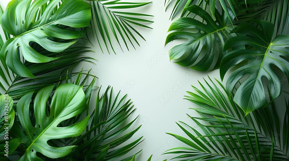 Abstract background with palm leaves. Isolated green tropical plant ...