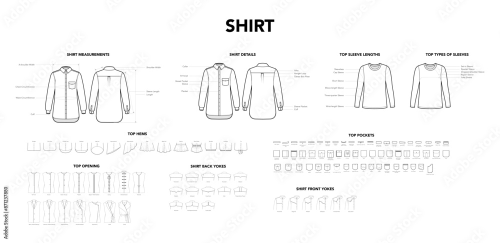 Set of Shirt Top details - Measurement, Opening, Hem Sleeves and Yoke ...