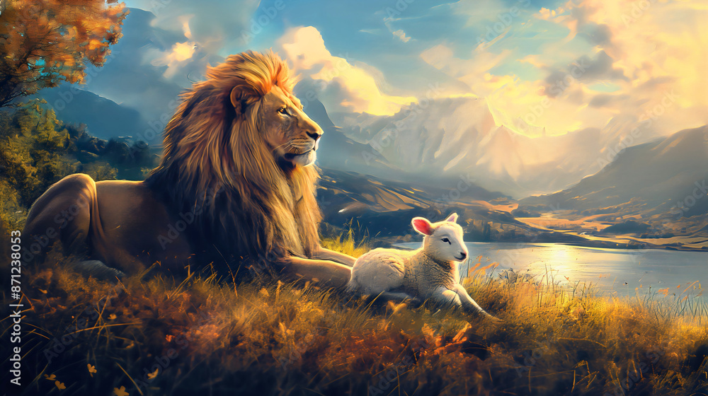 Lion and lamb animals together outdoors. Christianity religion faith ...