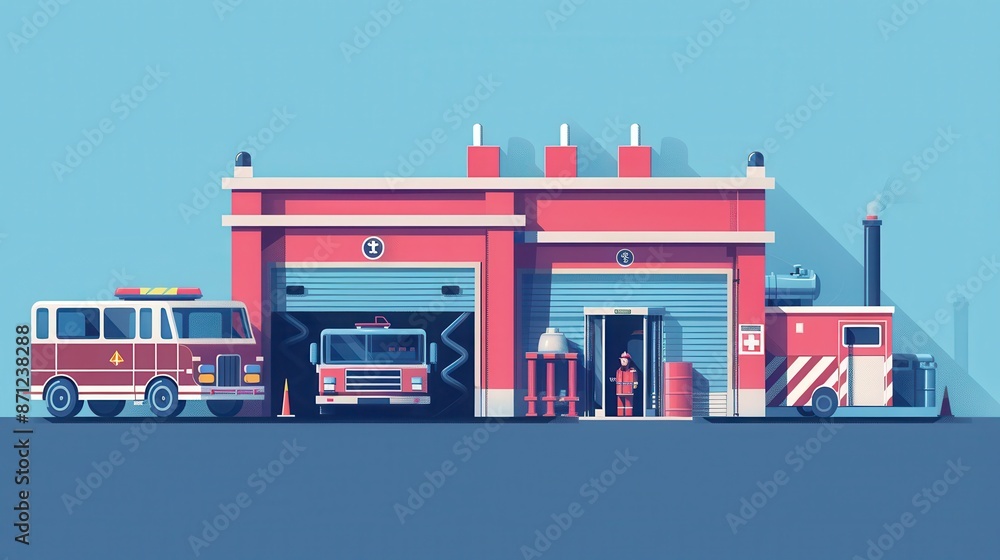 Illustration of a modern fire station with fire trucks and firefighters ...