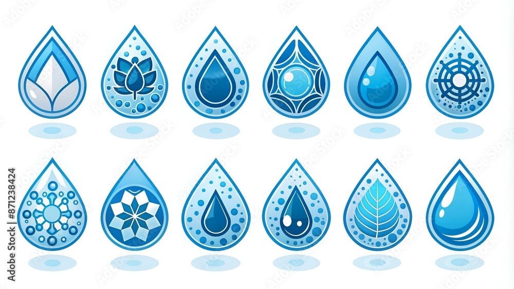 Set of Mineral water icon. Blue drops with mineral designations. Simple ...