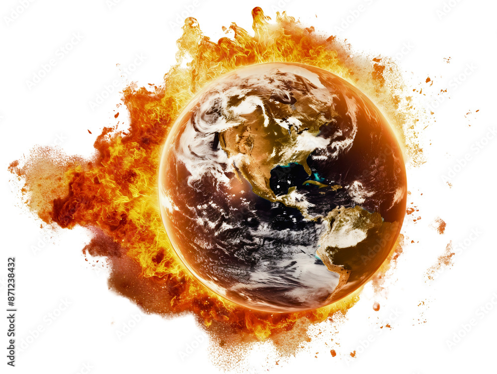 Planet earth globe on fire isolated on transparent background. Nature ...