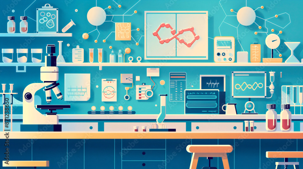 Nobody in empty chemistry science laboratory room interior with medical ...
