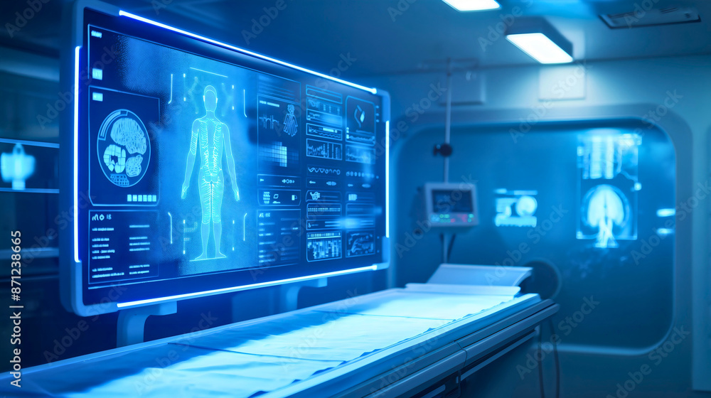 Nobody in empty modern futuristic hospital room interior with bed, and ...