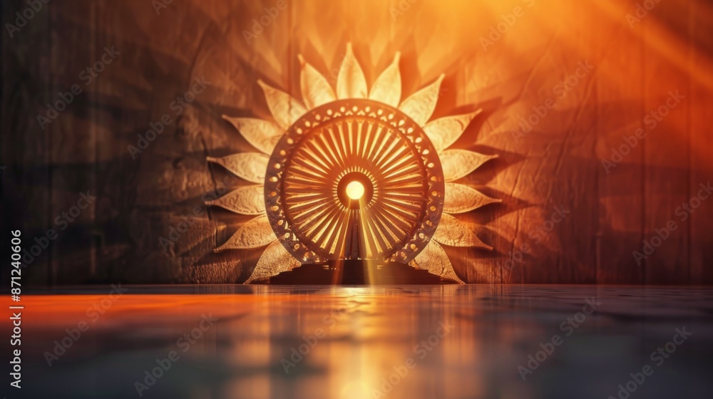 A striking image of a golden Ashoka Chakra, illuminated and casting ...