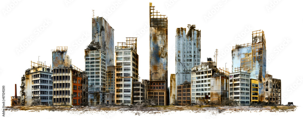 Post apocalyptic city buildings isolated on transparent background ...