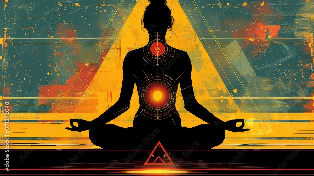 Digital yogi with floating symbols, vector art with sacred geometry, desert sunset, clean lines ...