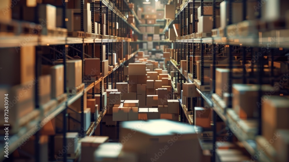 Inside a modern storage facility, stacks of cardboard boxes and ...