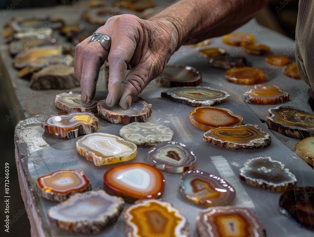 Authentic image captures lapidary artisan transforming rough agate into ...