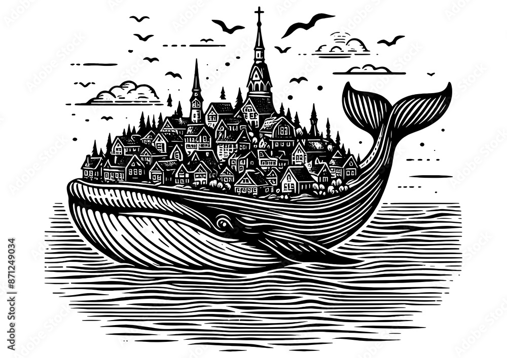 whale carrying a cityscape on its back, blending nature and urban ...