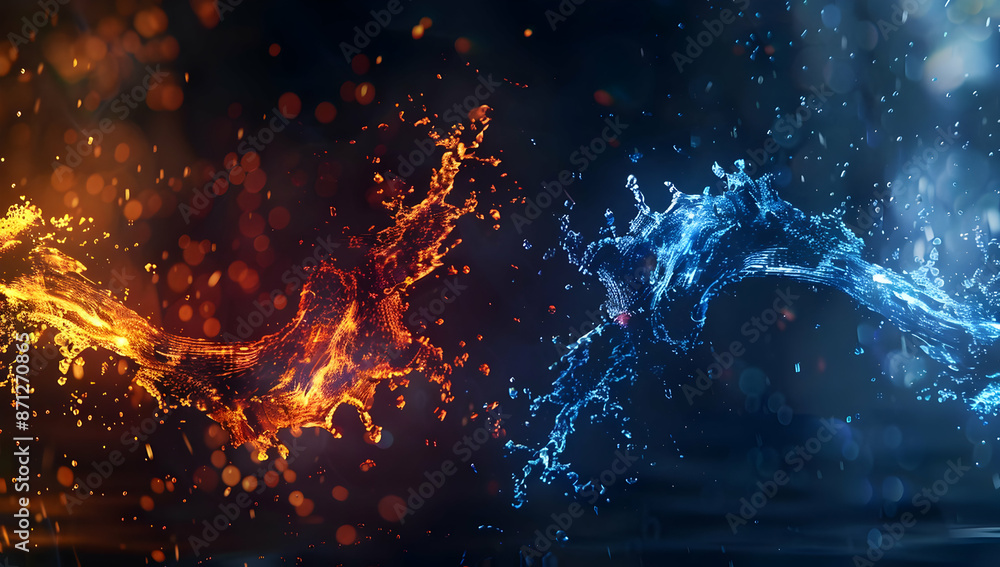 Dynamic clash of fire and water, illustrating the powerful contrast and ...