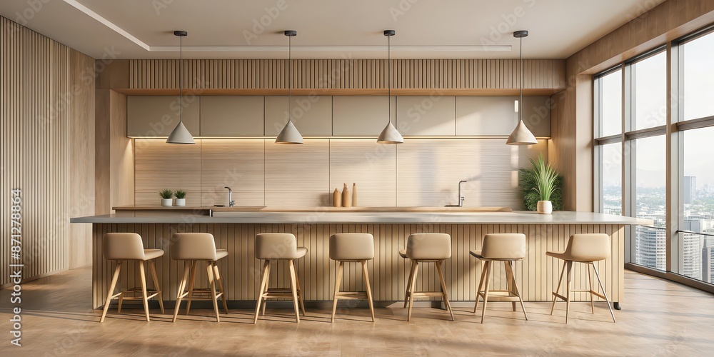 Beige cafeteria interior with bar counter and panoramic window ...