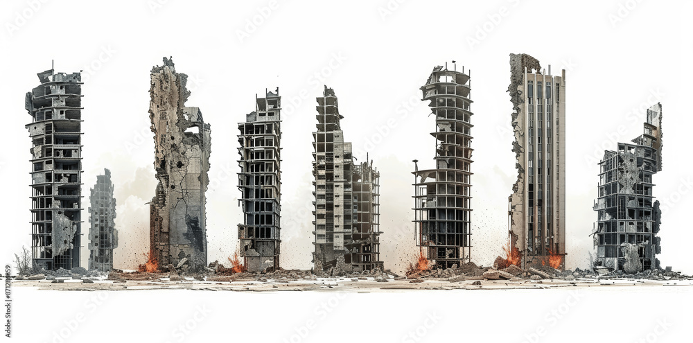 ruined skyscrapers abandoned post-apocalyptic buildings isolated white ...