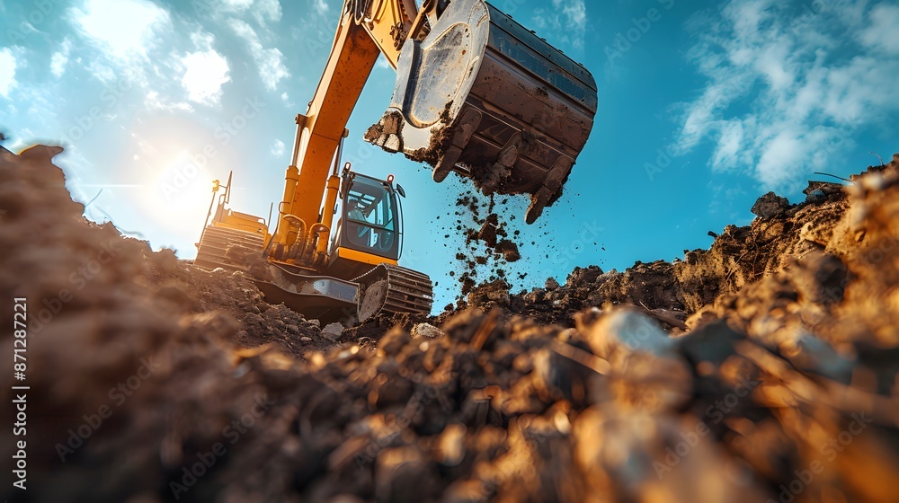 Excavators digging trenches for foundation work at midday. The sun is ...