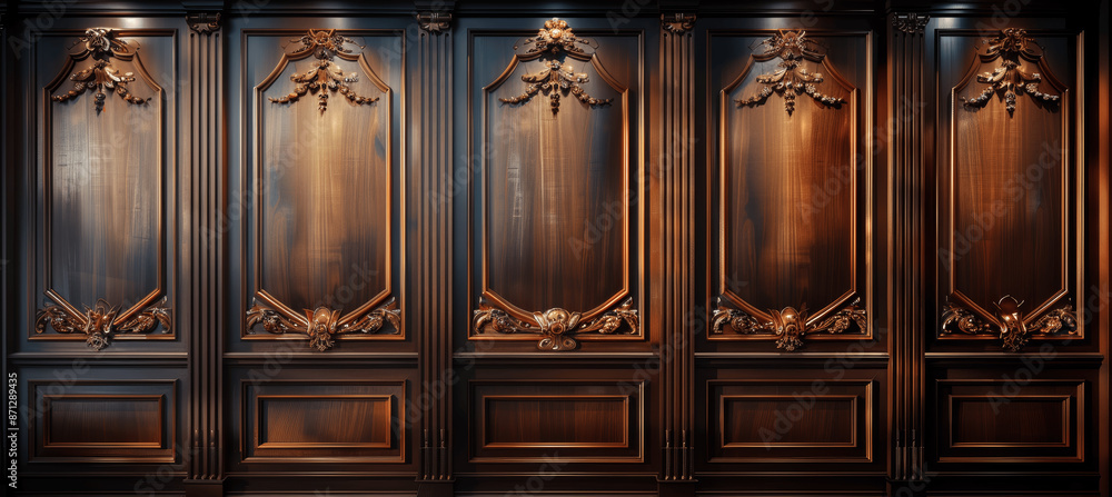 Classic vintage dark brown wood paneling wall background carved ...