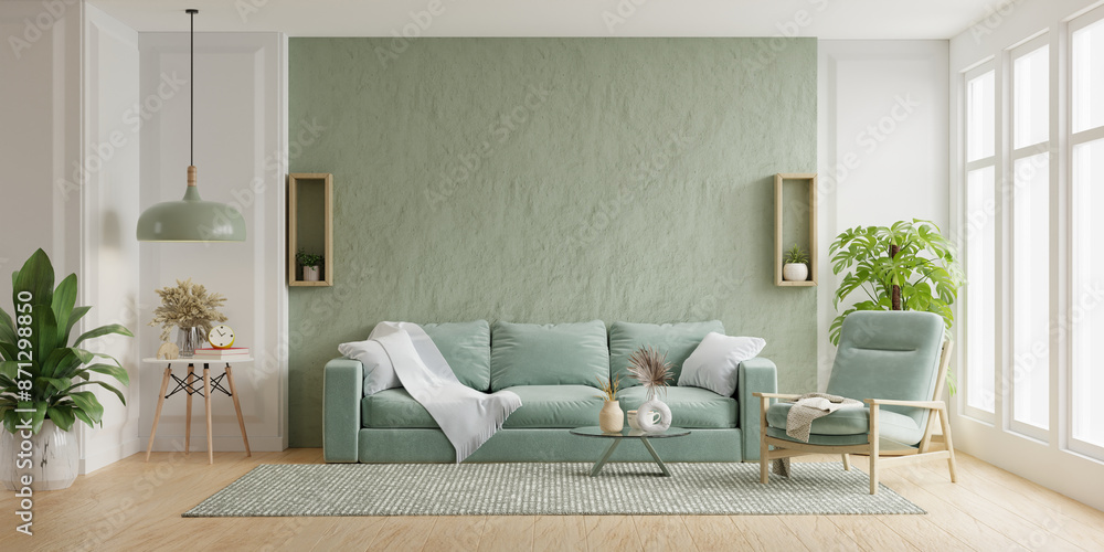 Stylish living room with sage green accents and modern furniture- 3D ...