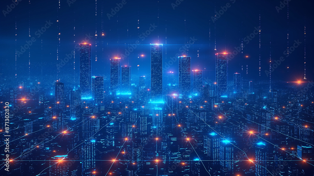 Blue background with technology lines and buildings, vector ...