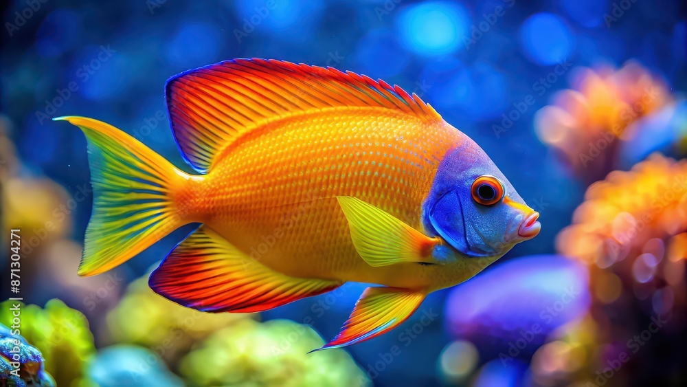 Colorful of a vibrant orange and yellow fish with blue-tipped fins ...
